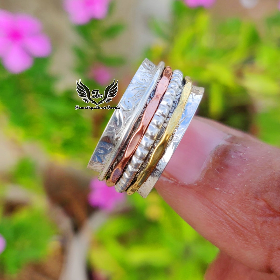 Hammered Spinner Ring, Mixed Metal Spinner Ring, 2 Tone Sterling Silver ...
