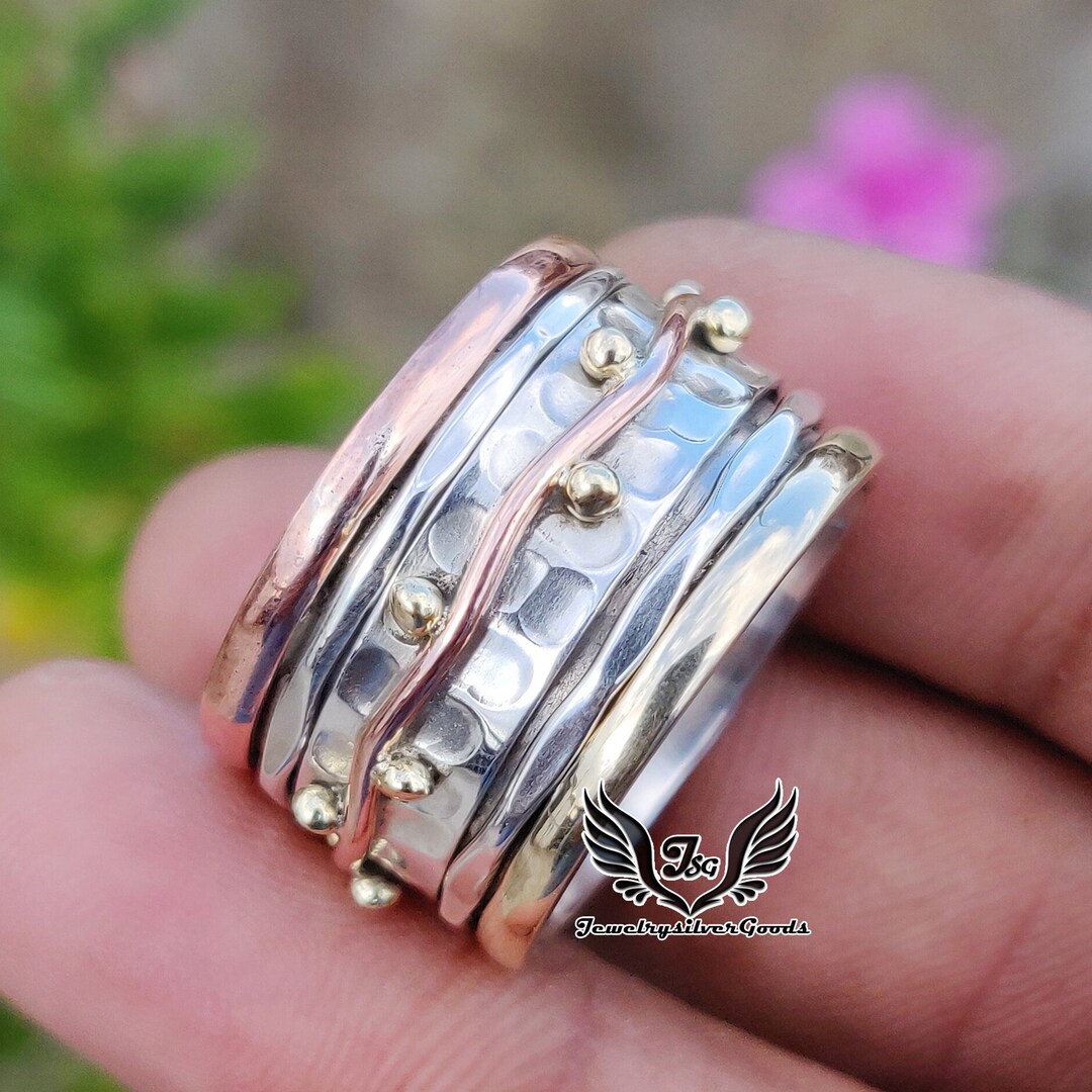 Spinner Silver Ring, 925 Sterling Silver, Worry Ring, Copper and Brass ...