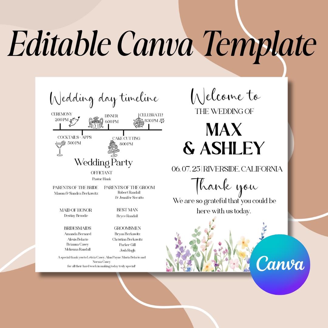 Editable Wedding Guest Fan & Timeline Template: Canva DIY Design - Etsy