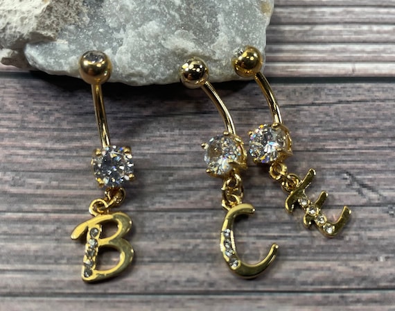 Initial Belly Rings Dangle Navel CZ Letter Beautiful Jewelry | Etsy
