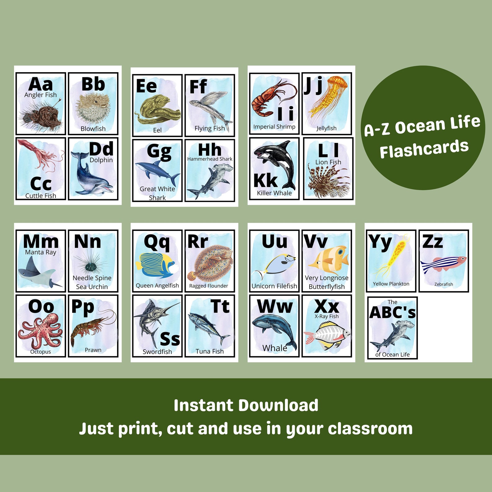 Ocean Life ABC Flashcards | Printable Alphabet Natural Practice ...