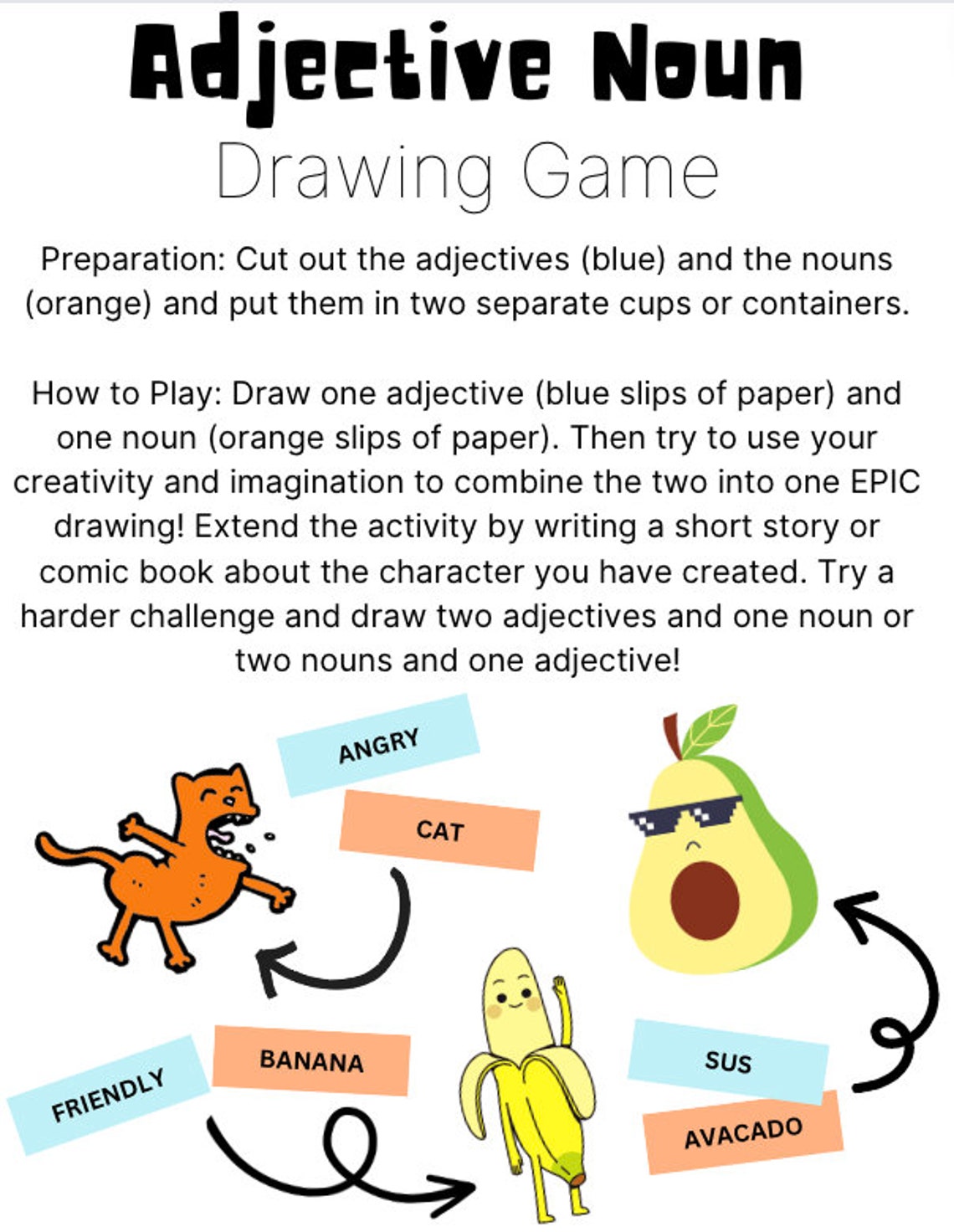 Adjective Noun Mix up Drawing Game - Brain Breaks, Parts of Speech ...