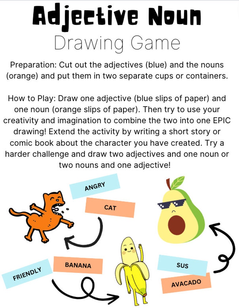 Adjective Noun Mix up Drawing Game - Brain Breaks, Parts of Speech ...