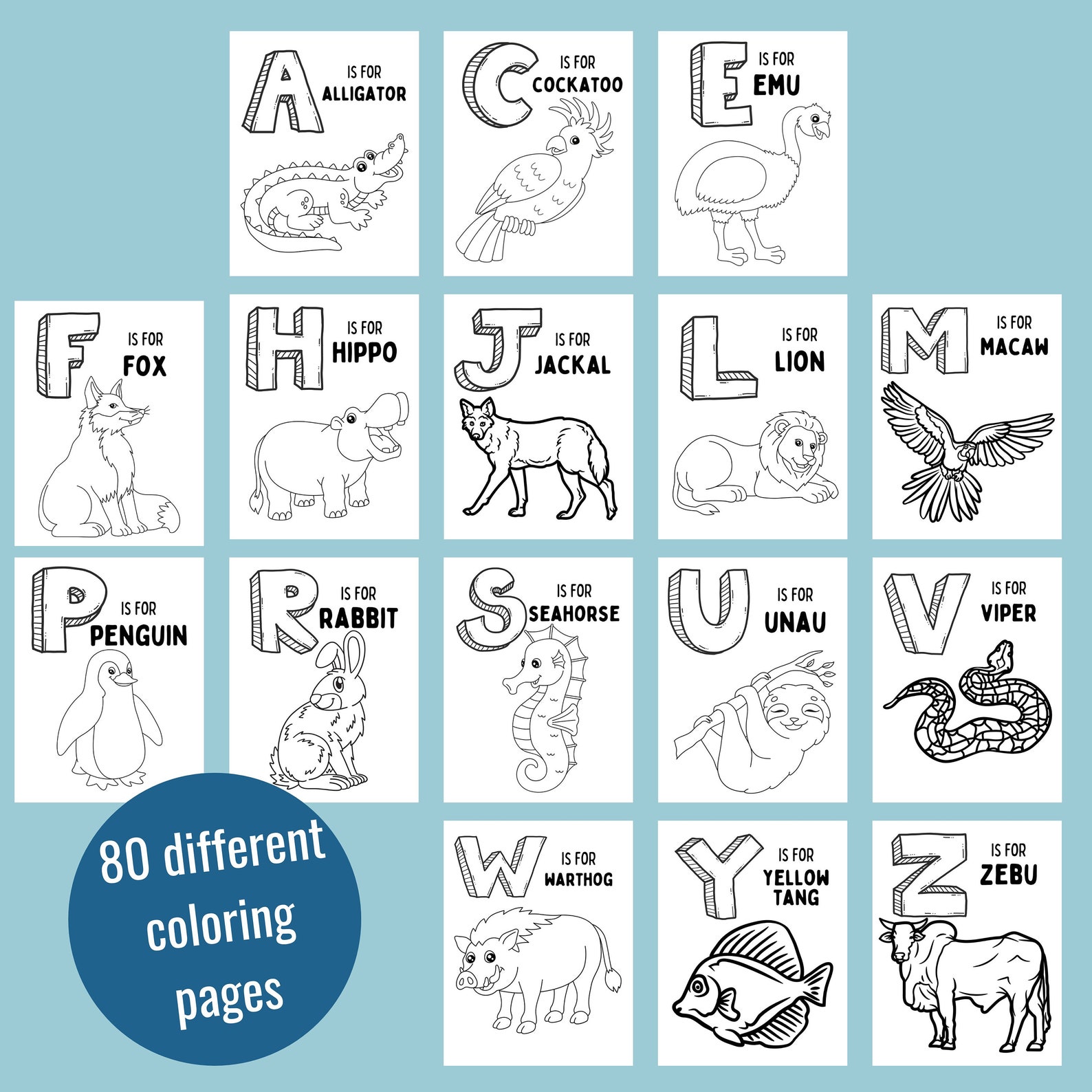 Animal Alphabet Coloring Pages | Educational Activity (digital Download ...