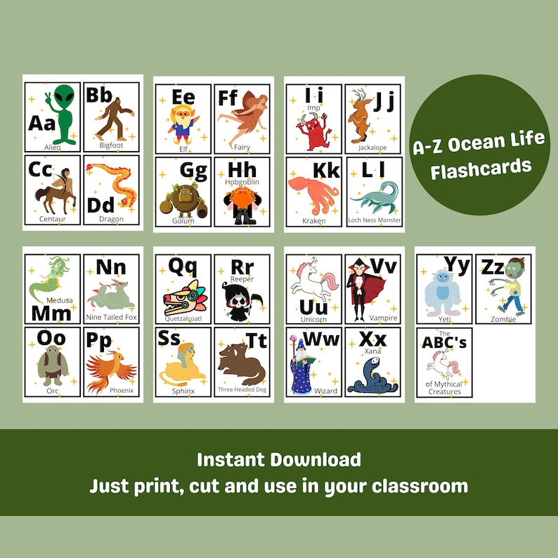 Mythical Creature ABC Flashcards | Printable Alphabet Practice | Letter ...