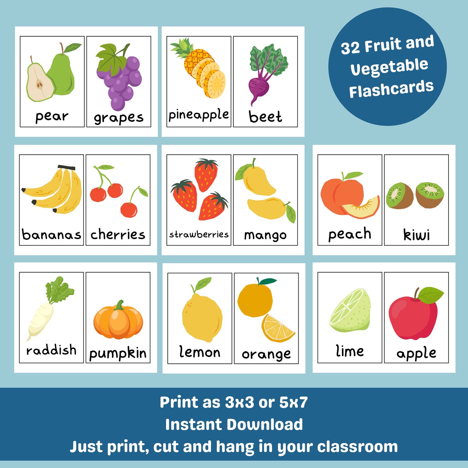 32 Fruit and Vegetable Flashcards Montessori School Tools Pre-school ...