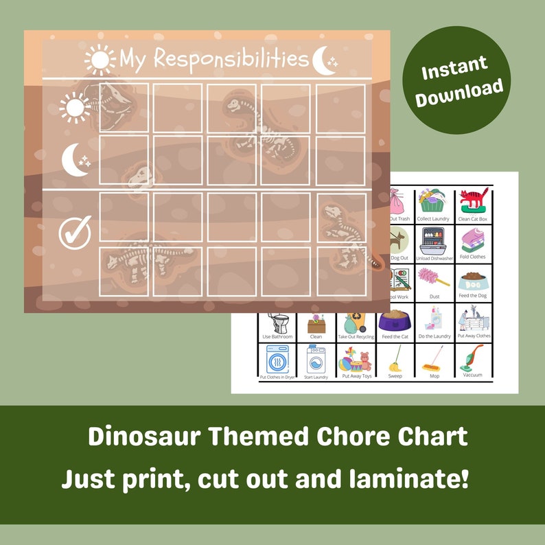 Kid's Dinosaur Themed Daily Responsibilities Chore Chart | Cleaning Pre ...