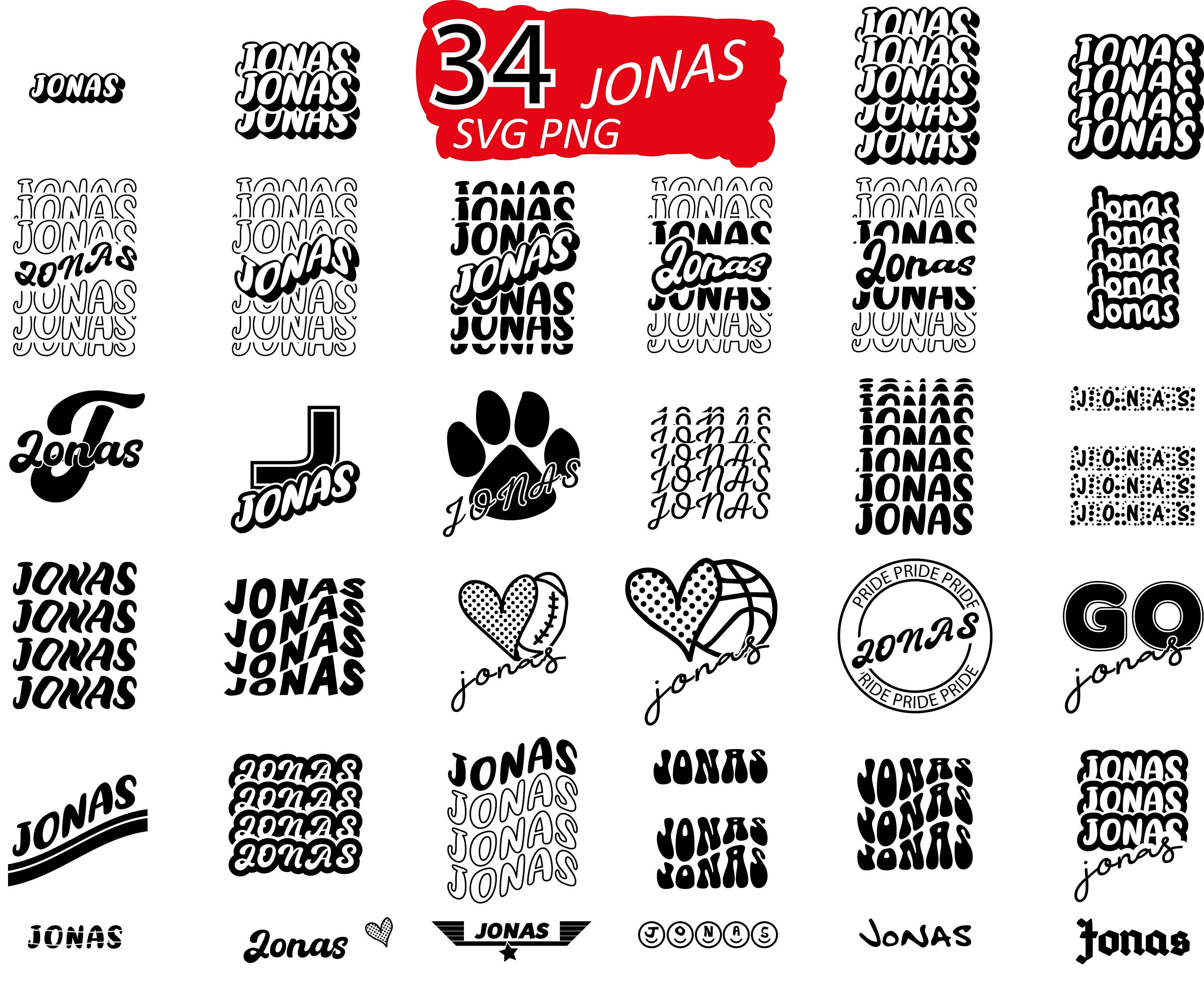 HTV Name Fonts 34 Bundle Jonas Svg T-Shirts Sublimation Cricut Boy Name ...
