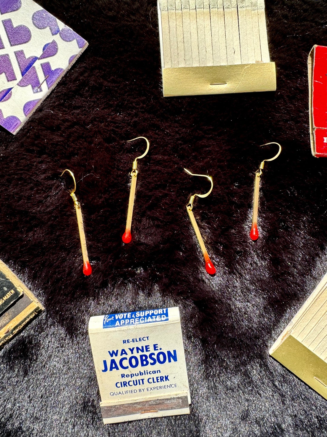 Red Matchstick Earrings: Gold Brass, Hypoallergenic Jewelry - Etsy