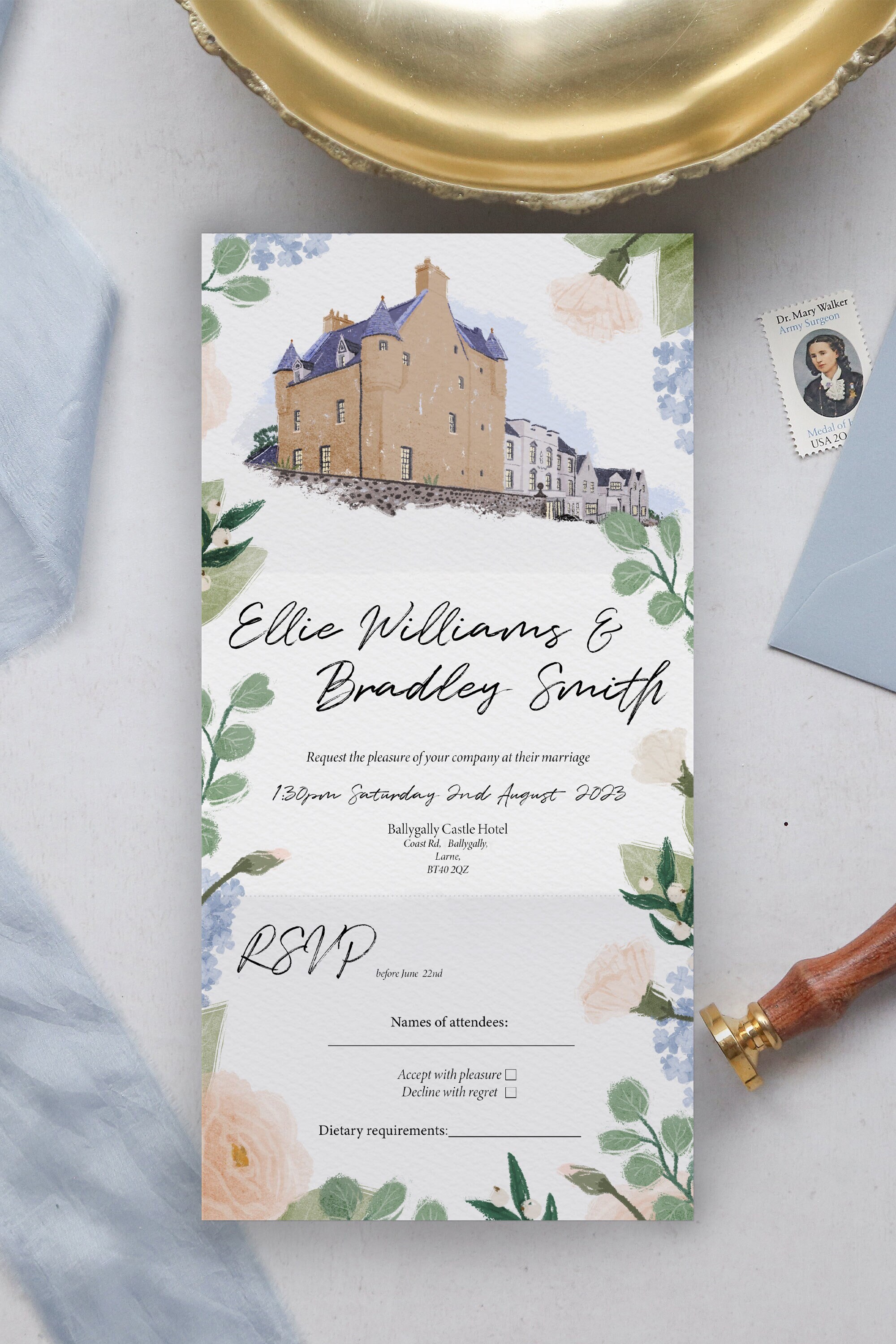 Illustrated Floral Venue Z Fold Wedding Invitation With Tear-off RSVP ...