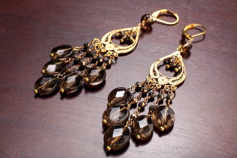 Smokey Quartz, Pyrite Dangling Rosary Chain Filigree Gold Chandelier ...