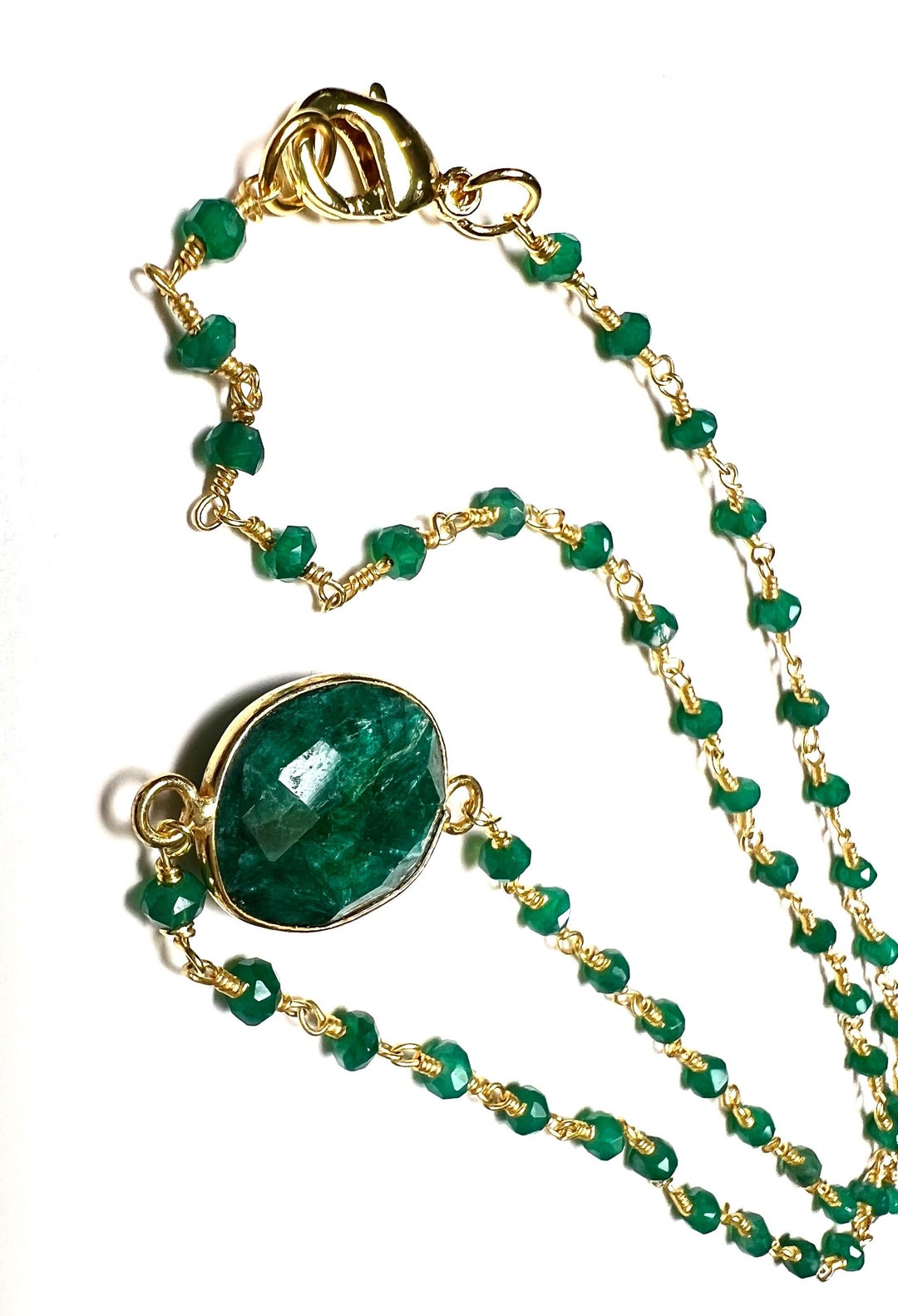 Genuine Emerald Gold Bezel Pendant With Matching Emerald Beaded Chain ...