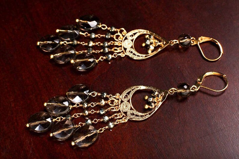 Smokey Quartz, Pyrite Dangling Rosary Chain Filigree Gold Chandelier ...