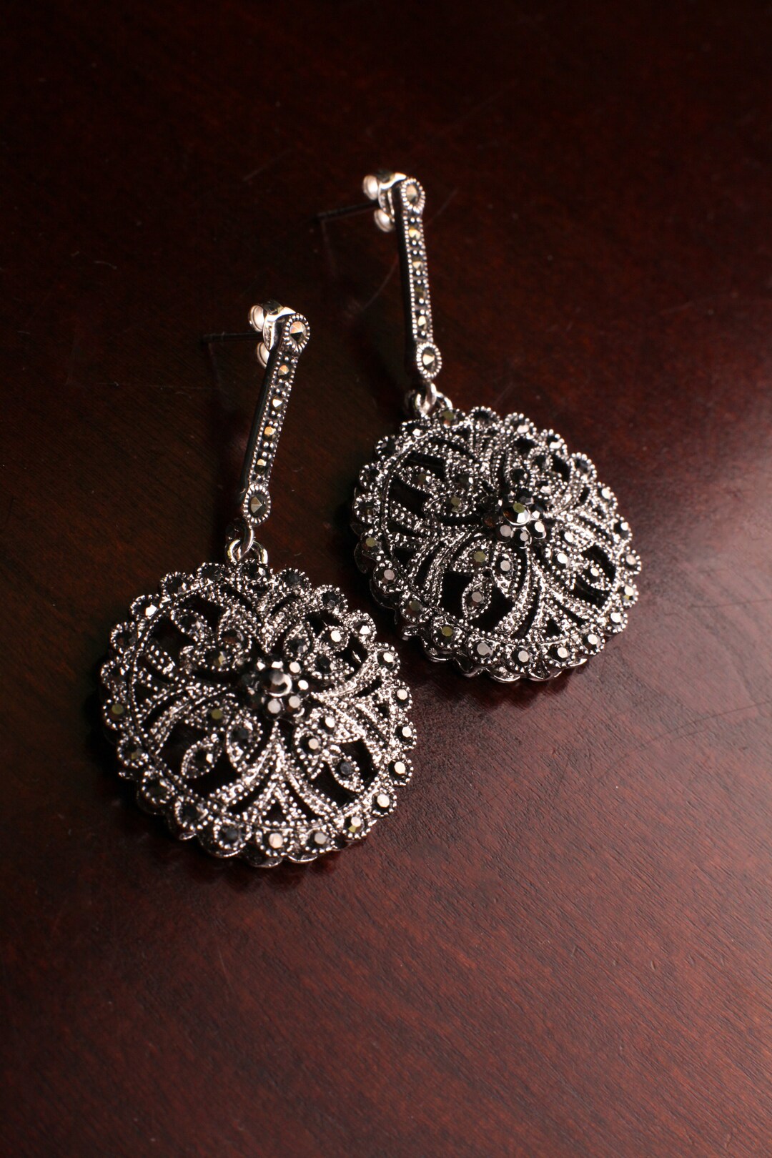 Vintage Marcasite 925 Sterling Silver Fancy Flower 25mm Post Dangling ...