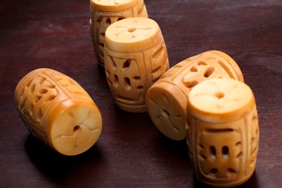 Carved Buffalo Bone Barrel 28x35mm, Hollow Drilled Be… - Gem