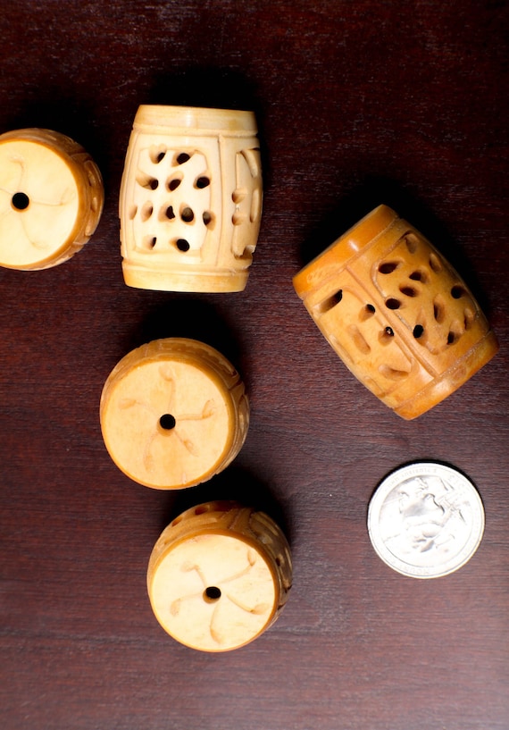 Carved Buffalo Bone Barrel 28x35mm, Hollow Drilled Be… - Gem