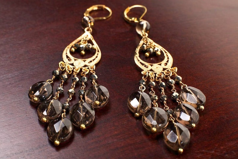 Smokey Quartz, Pyrite Dangling Rosary Chain Filigree Gold Chandelier ...