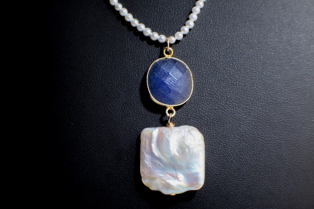 Baroque Pearl Necklace, Freshwater Square Baroque Pearl, Blue Sapphire ...
