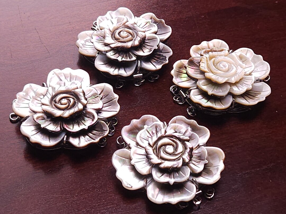 Hand Carved Black Lip Mother of Pearl Clasp, MOP 3 Loop Fancy Flower ...