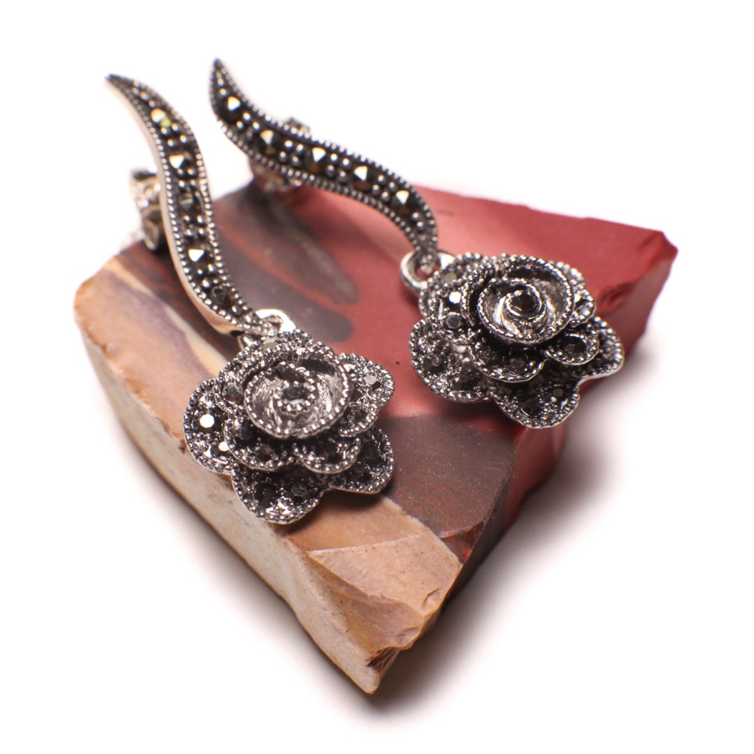 Vintage Marcasite 925 Sterling Silver Rose 13x31mm Post Dangling ...