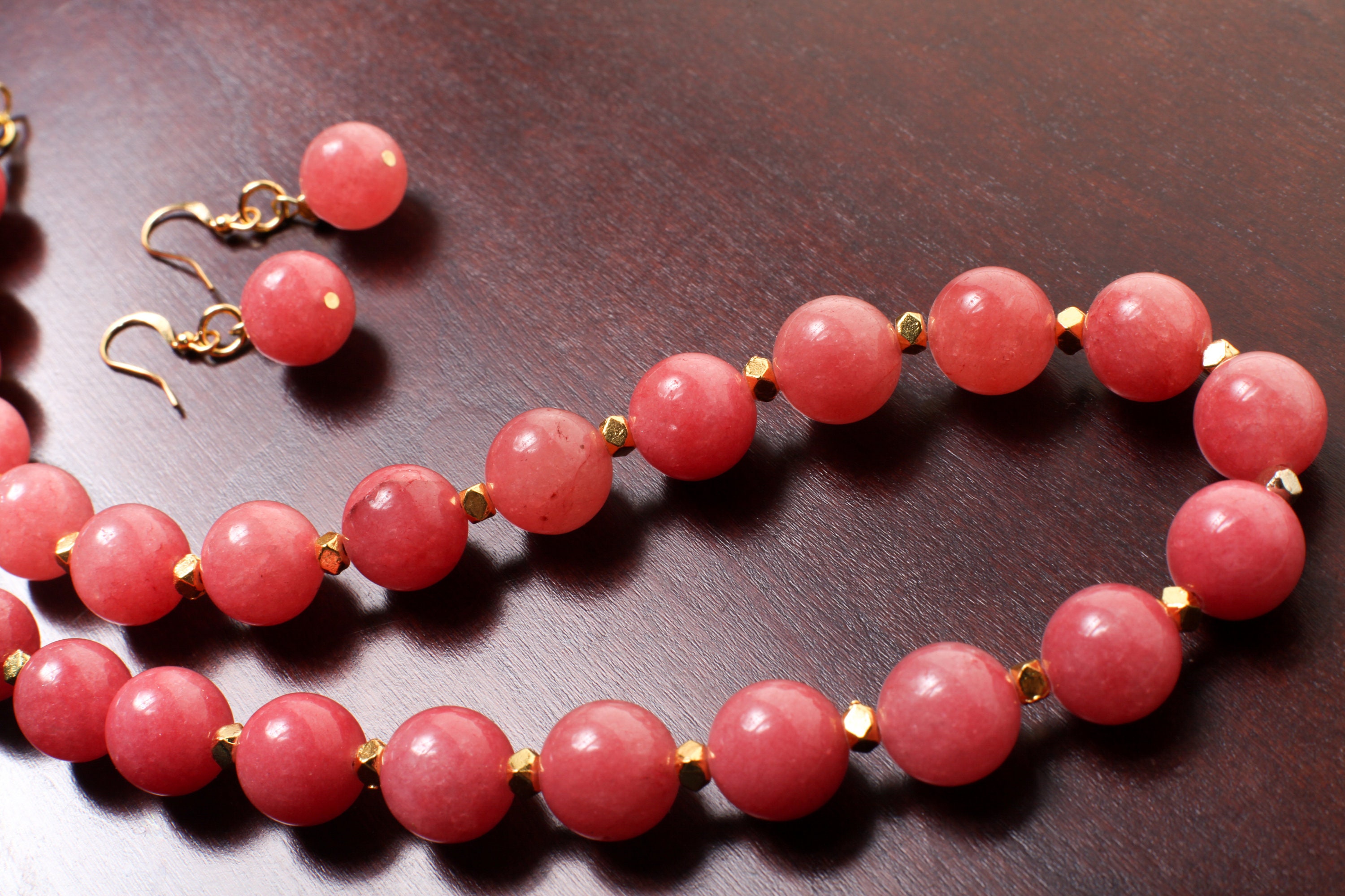 Pink Jade 12mm Round Necklace with Bali Style Gold Spacer | Etsy