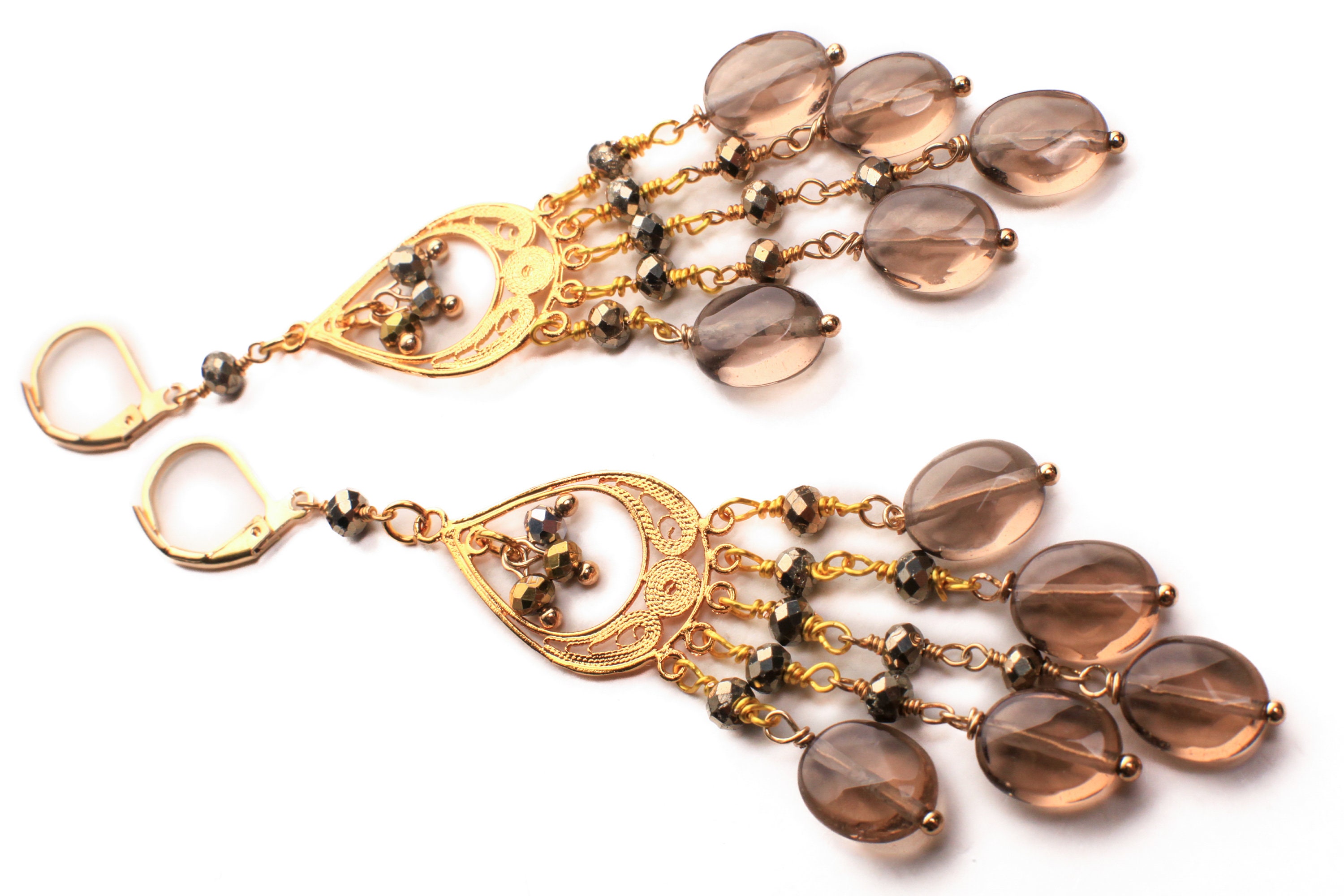 Smokey Quartz, Pyrite Dangling Rosary Chain Filigree Gold Chandelier ...