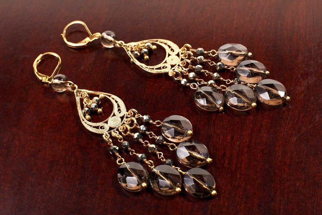 Smokey Quartz, Pyrite Dangling Rosary Chain Filigree Gold Chandelier ...