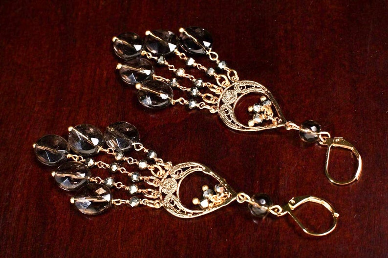 Smokey Quartz, Pyrite Dangling Rosary Chain Filigree Gold Chandelier ...