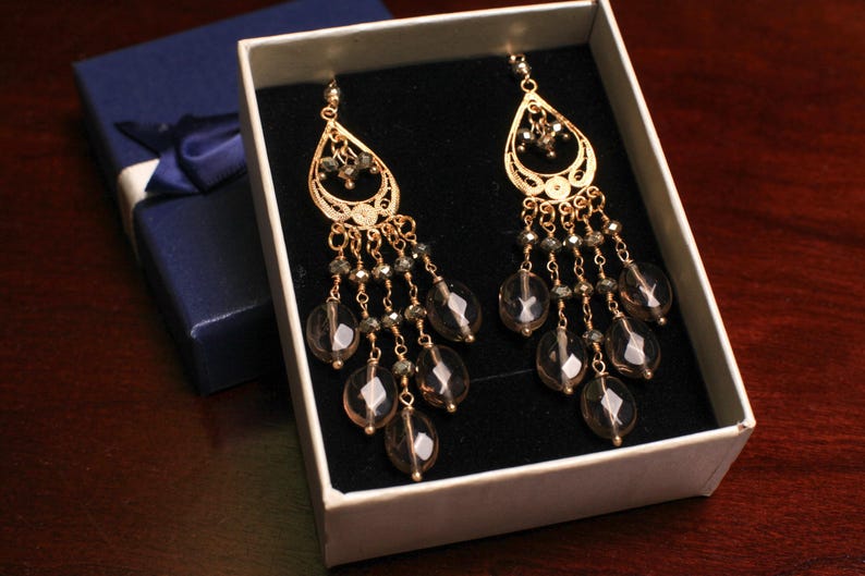 Smokey Quartz, Pyrite Dangling Rosary Chain Filigree Gold Chandelier ...