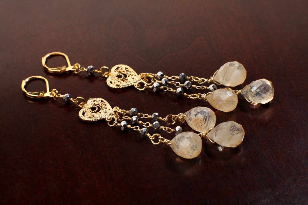 Gold Rutilated Quartz, Pyrite Filigree Chandelier Heart, Dangling ...