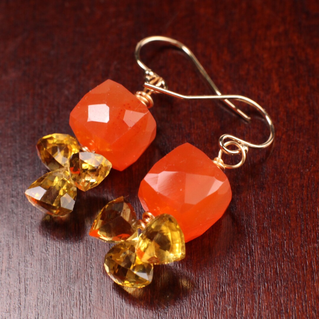 Natural Orange Carnelian 8-9mm Cube Shape Faceted With Citrine Trillion ...