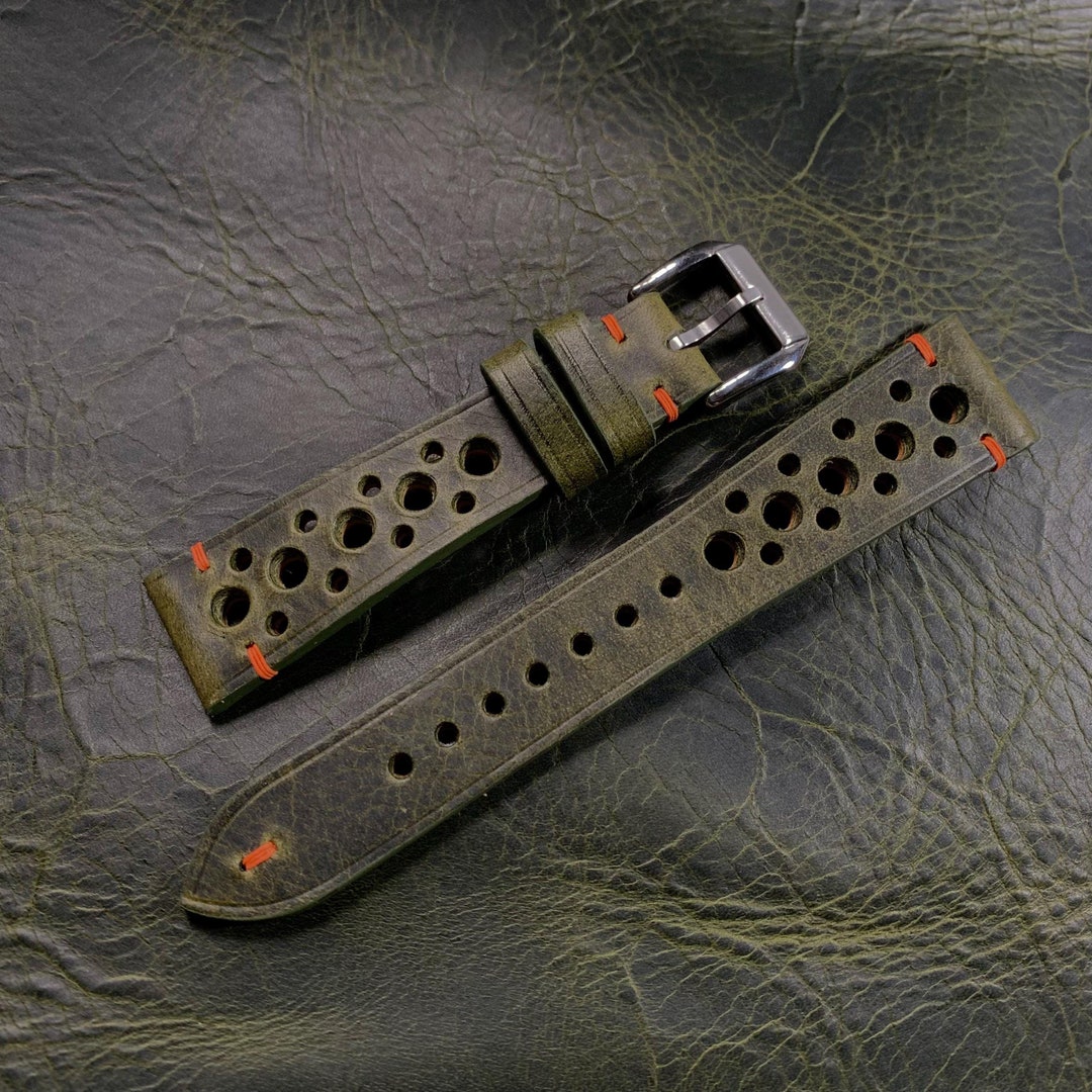 Olive Green Vintage Leather Racing Watch Strap. Custom Italy Leather ...