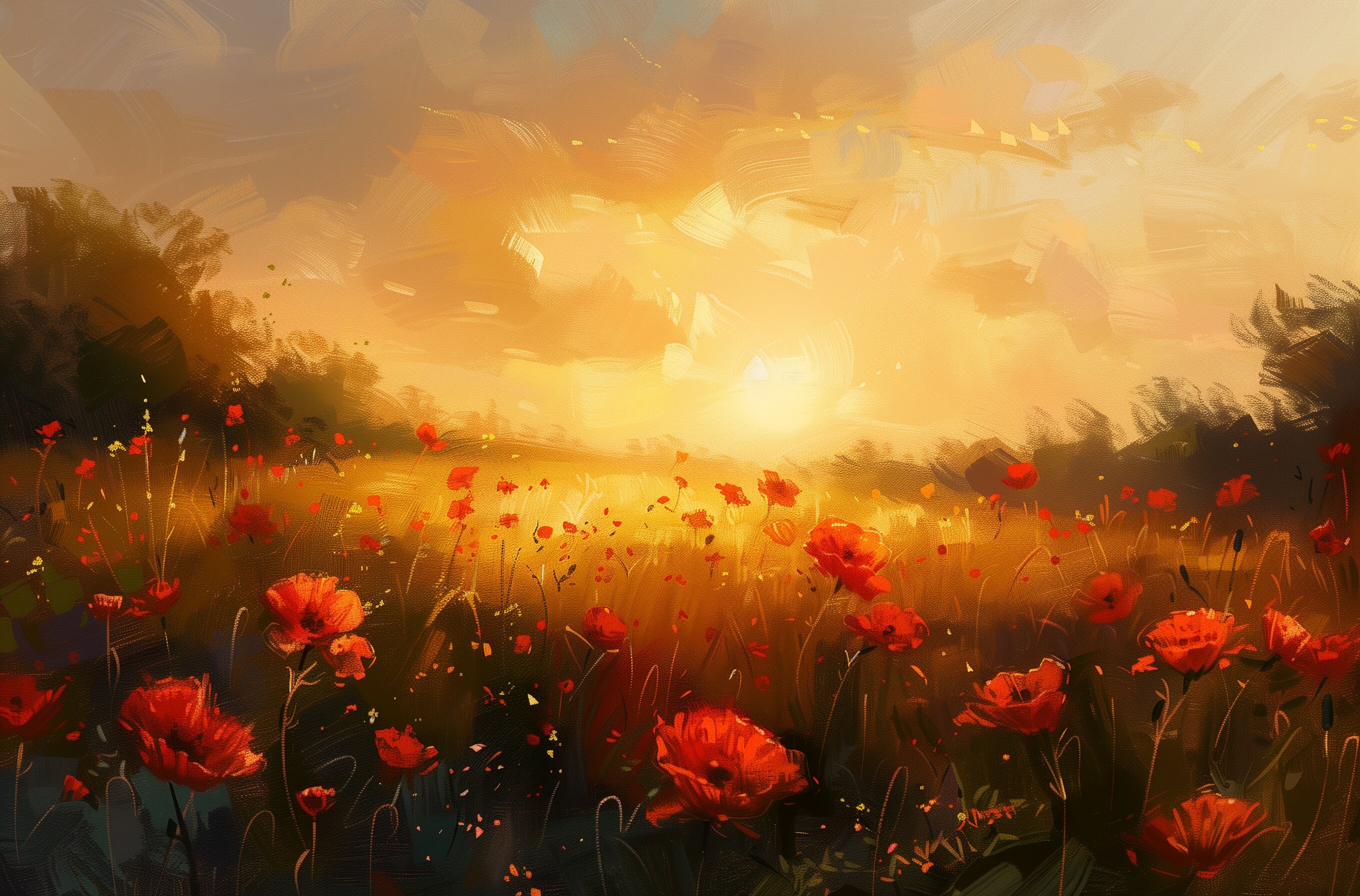 Fields of Remembrance: Printable Poppy Field Landscape at Sunset, Oil ...