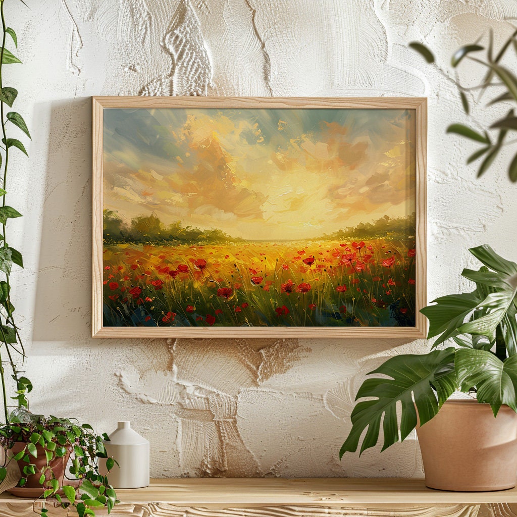 Poppies at Sunset: Printable Poppy Field Landscape at Sunset, Acrylic ...