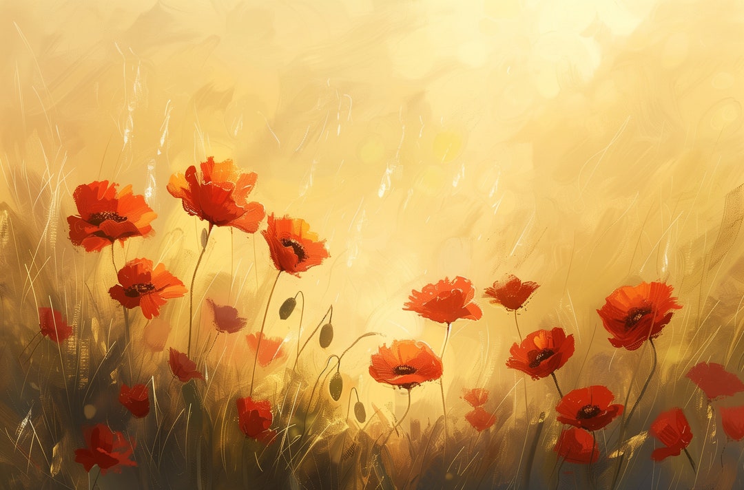 Fields of Fire: Printable Poppy Field Landscape at Sunset, Acrylic ...
