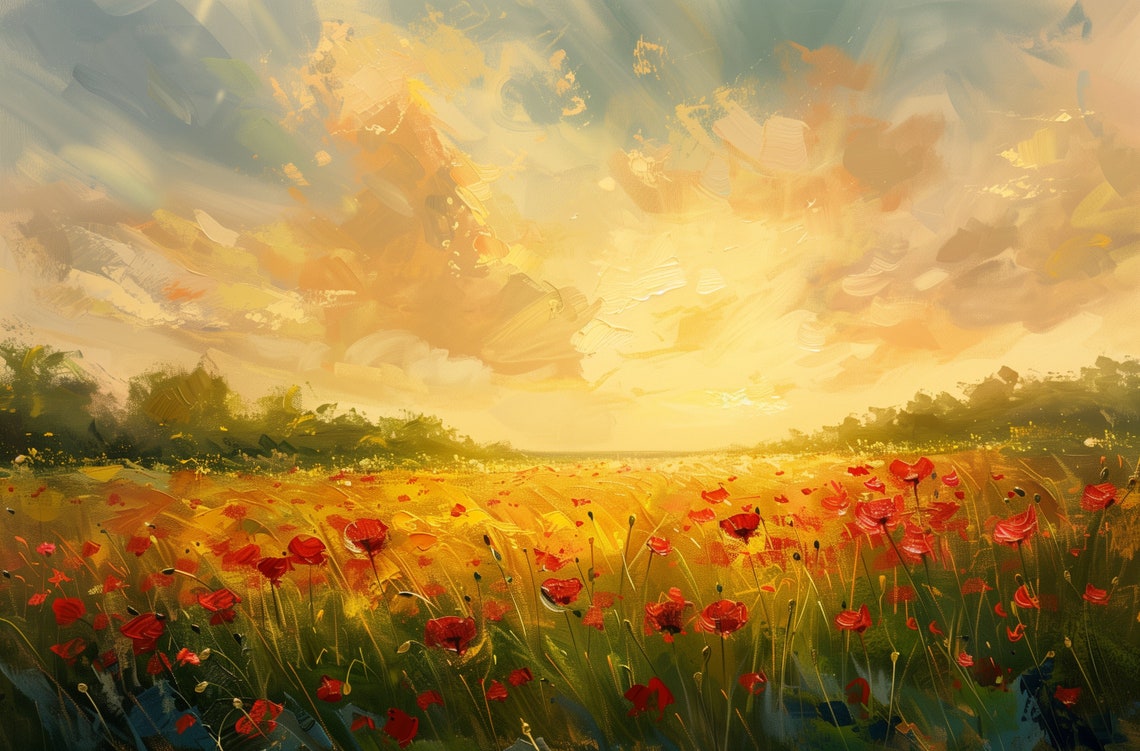 Poppies at Sunset: Printable Poppy Field Landscape at Sunset, Acrylic ...