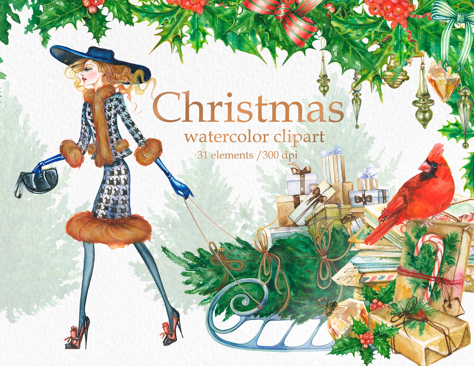 Christmas Clipart,watercolor Winter Clipart,fashion Illustration,red ...