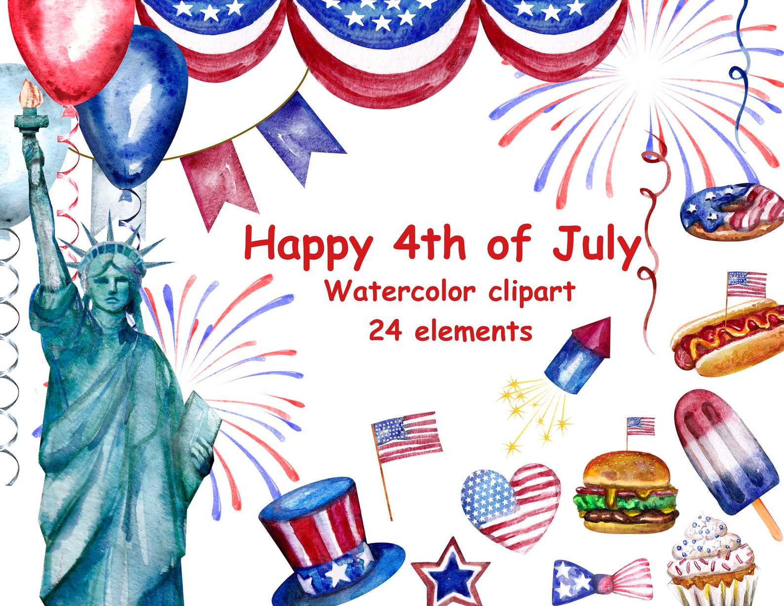4th of July. Watercolor Clipart Independence Day. American Ensign ...