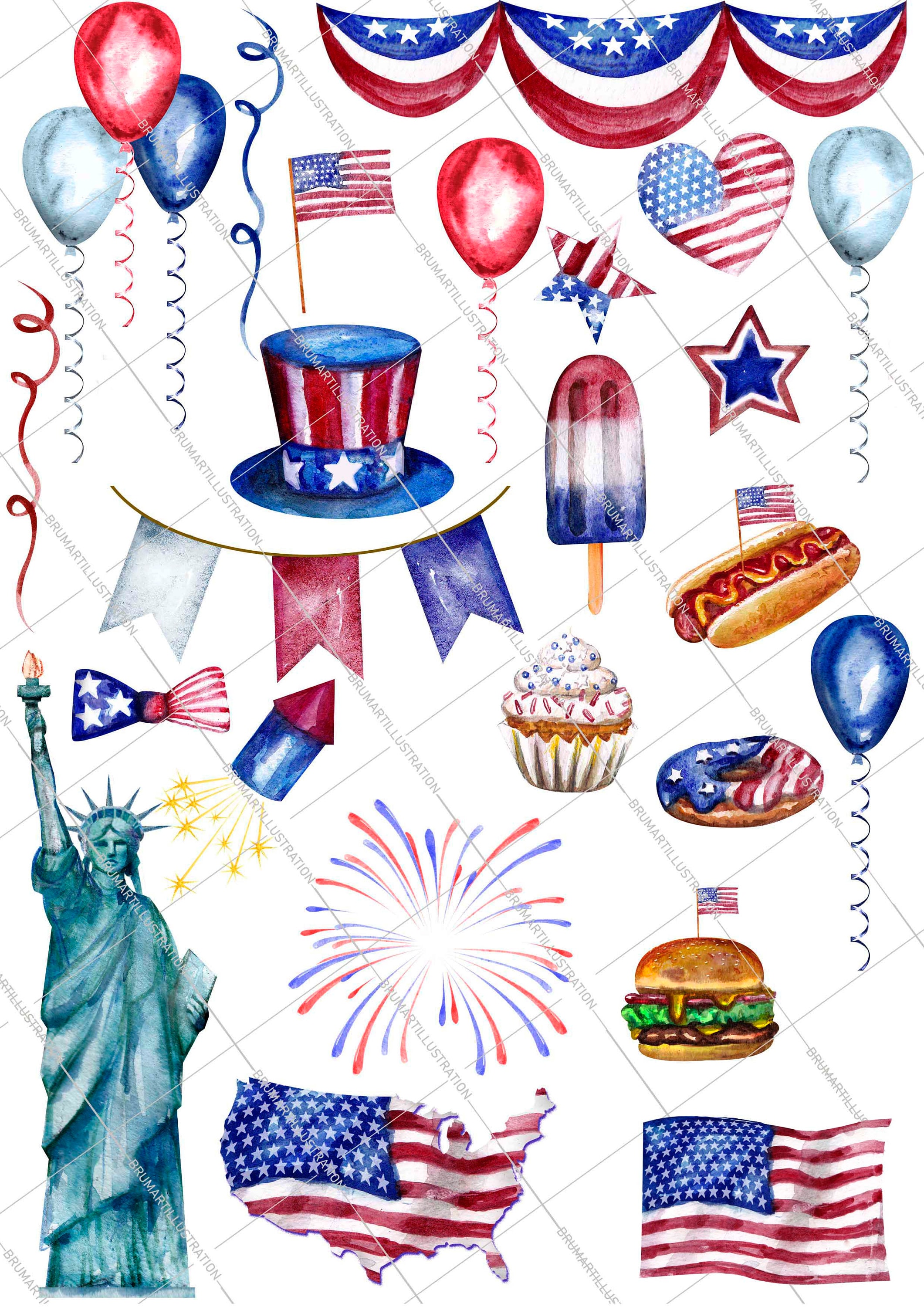 4th of July. Watercolor Clipart Independence Day. American Ensign ...