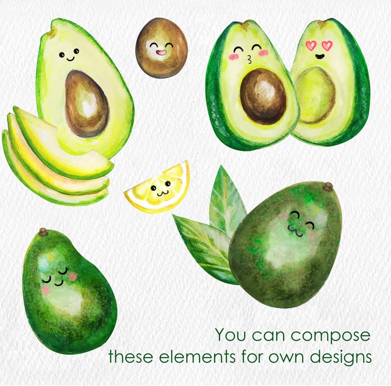 Avocado Clipart.watercolor Clipart.cute Avocado.avocado Clipart Set ...