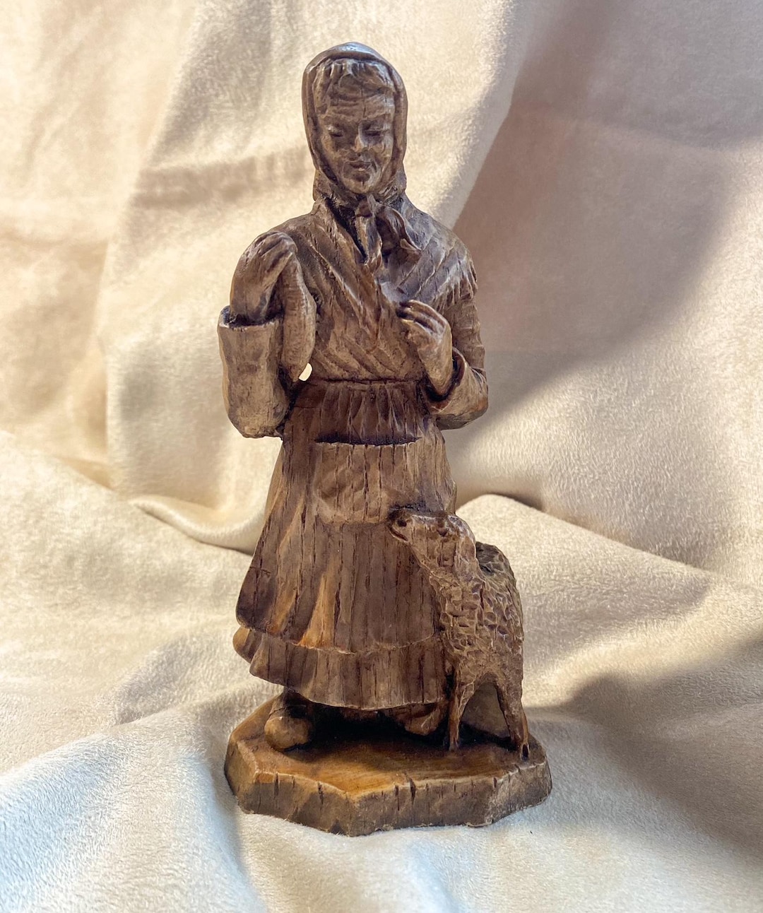 Vintage Hand Carved Wooden Art Old Women With Lamb Figurine, Made in ...