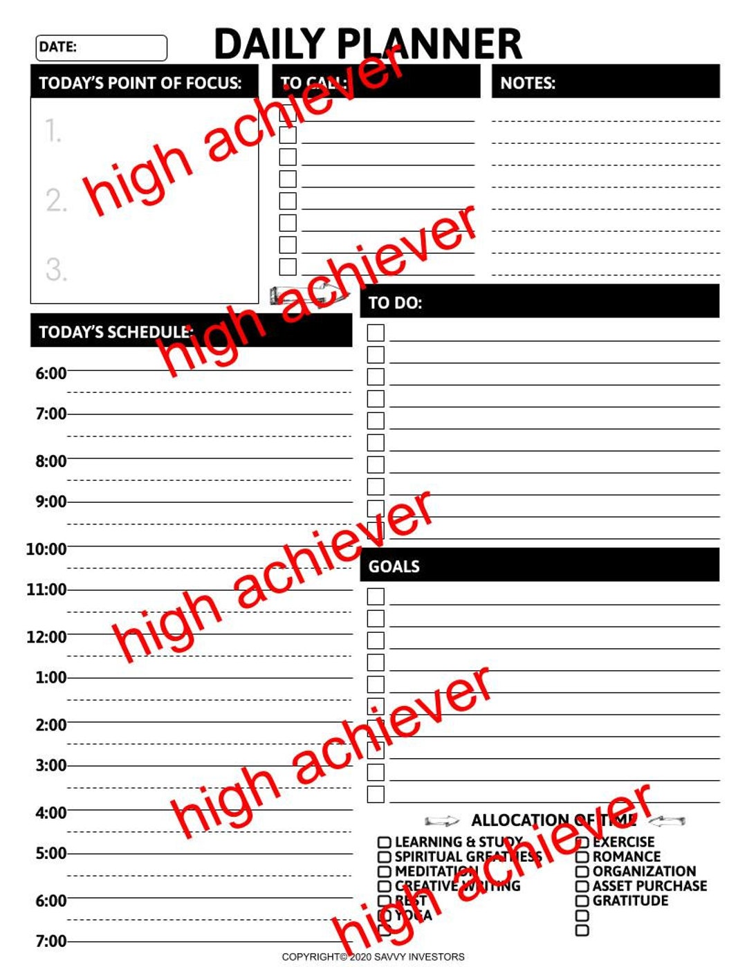 High Achiever Ceo Pdf Daily Planner | Productivity Schedule Instant ...
