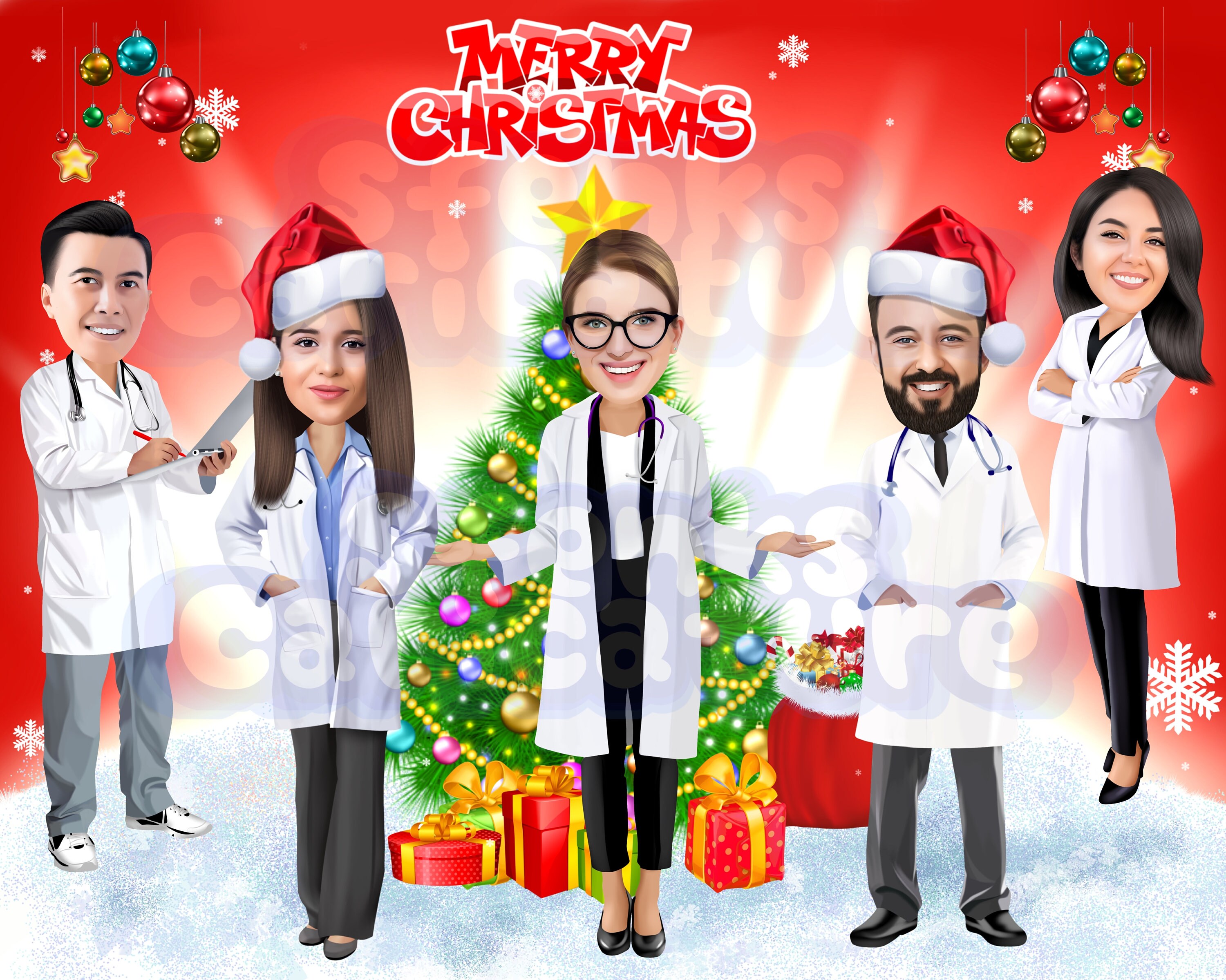 Christmas Cartoon Doctors Portrait, Hospital CARICATURE Greeting Card ...