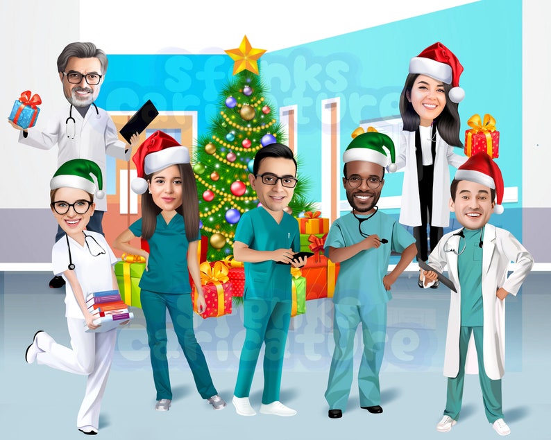 Christmas Cartoon Doctors Portrait, Hospital CARICATURE Greeting Card ...