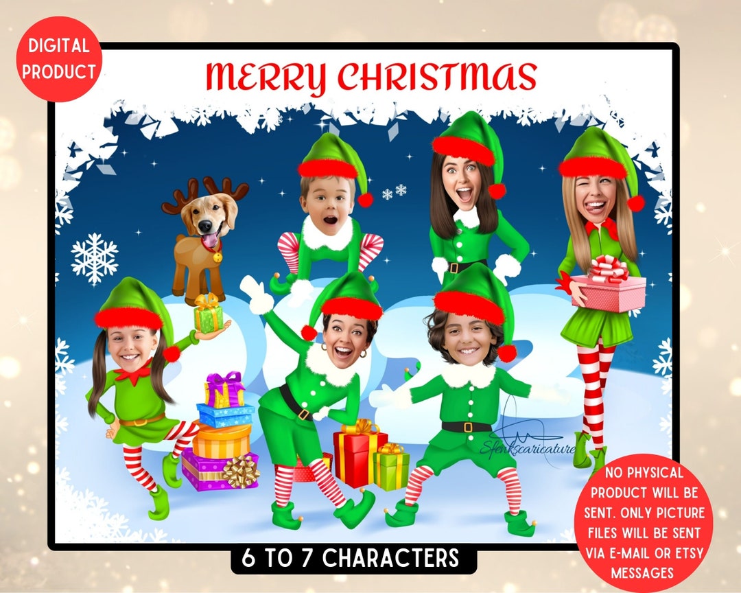 Family Elf Christmas Card, Xmas Greeting Card, Fun Family Caricature ...