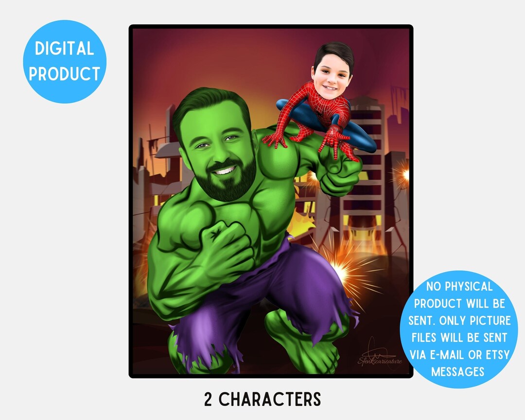 Incredible Hulk Dad CARTOON Portrait Gift, Spiderman Caricature, Custom ...