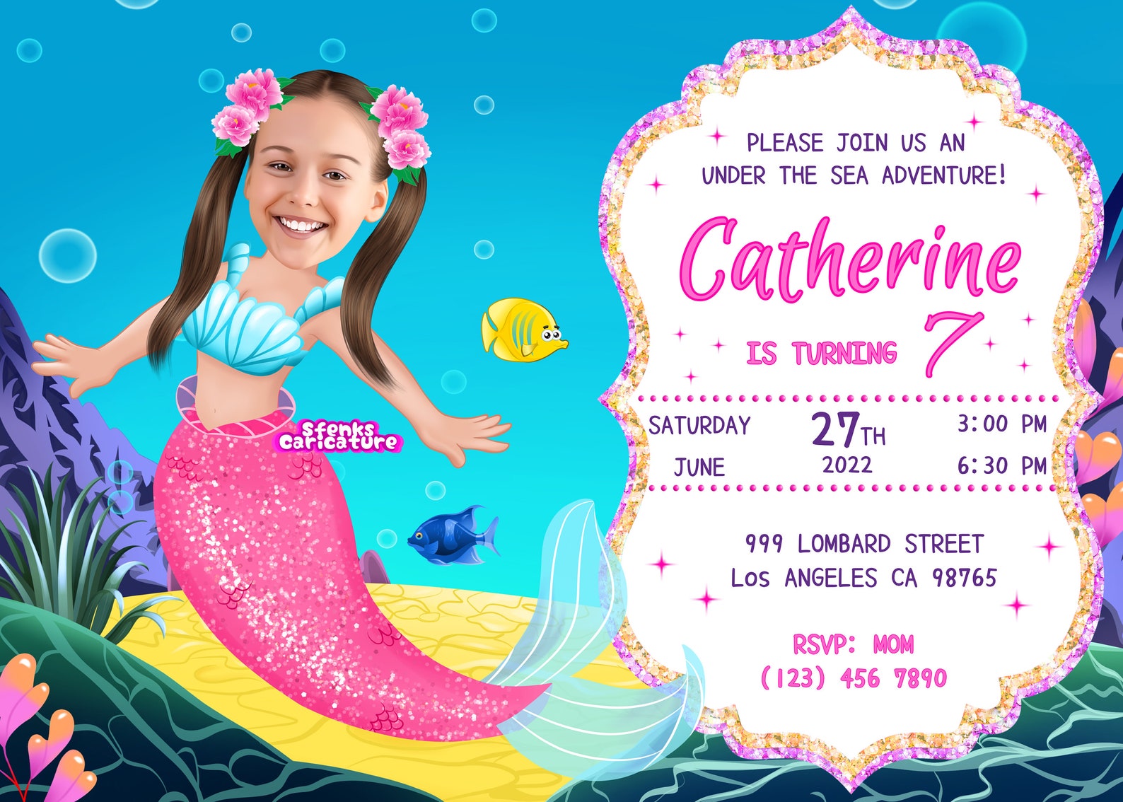 Custom Mermaid Photo Invitation Cartoon Mermaid Portrait - Etsy