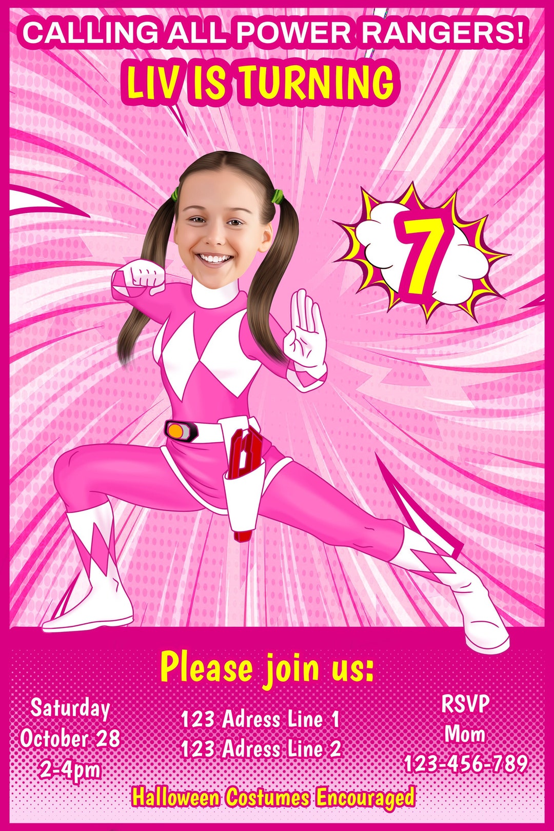 Pink Power Ranger Birthday Invitation, Printable Birthday Invitation ...