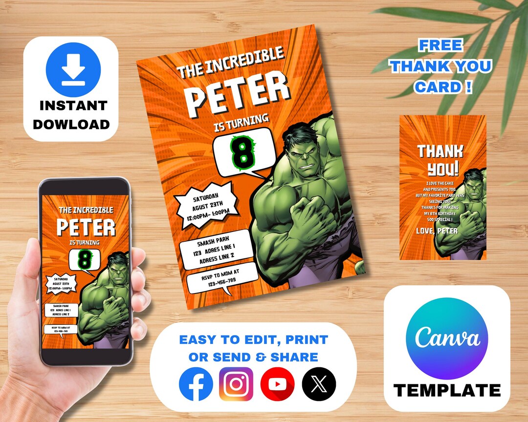 Editable Hulk Birthday Party, Invitation CANVA Template Instant ...