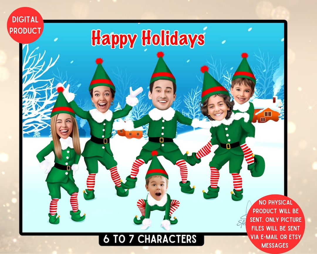 Elf Christmas Card, Xmas Greeting Card, Personalized Caricature, Custom ...